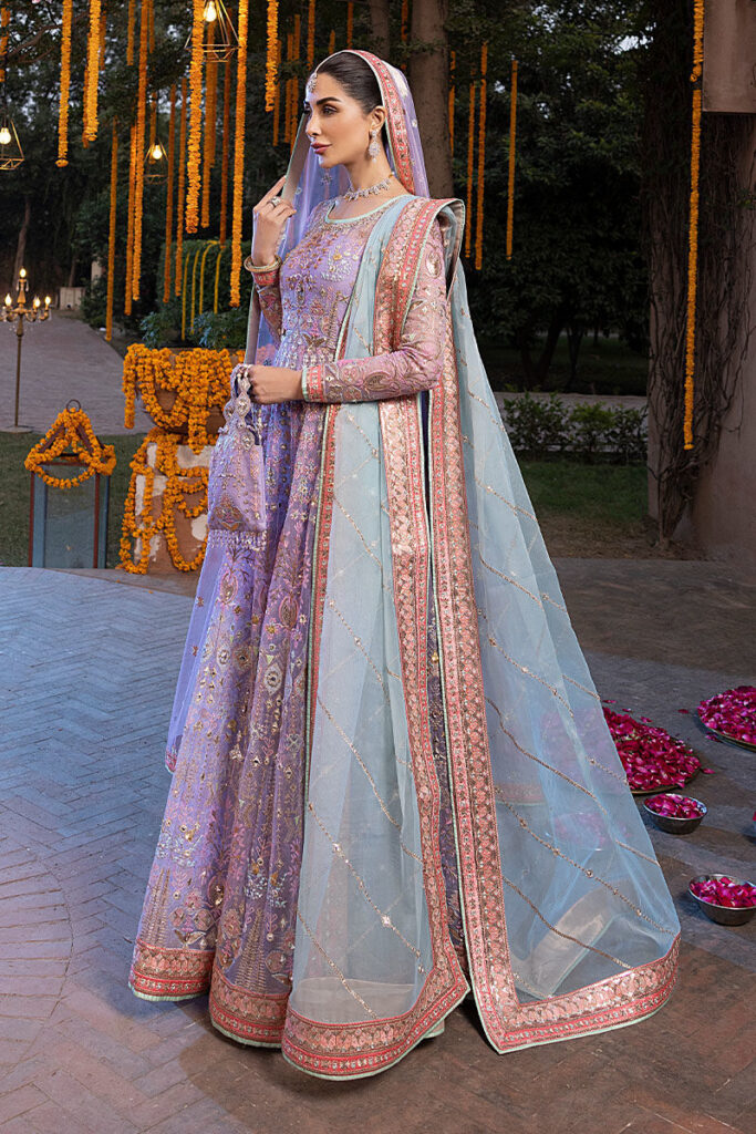 Pakistani Bridal Pishwas with Lehenga in Net Fabric