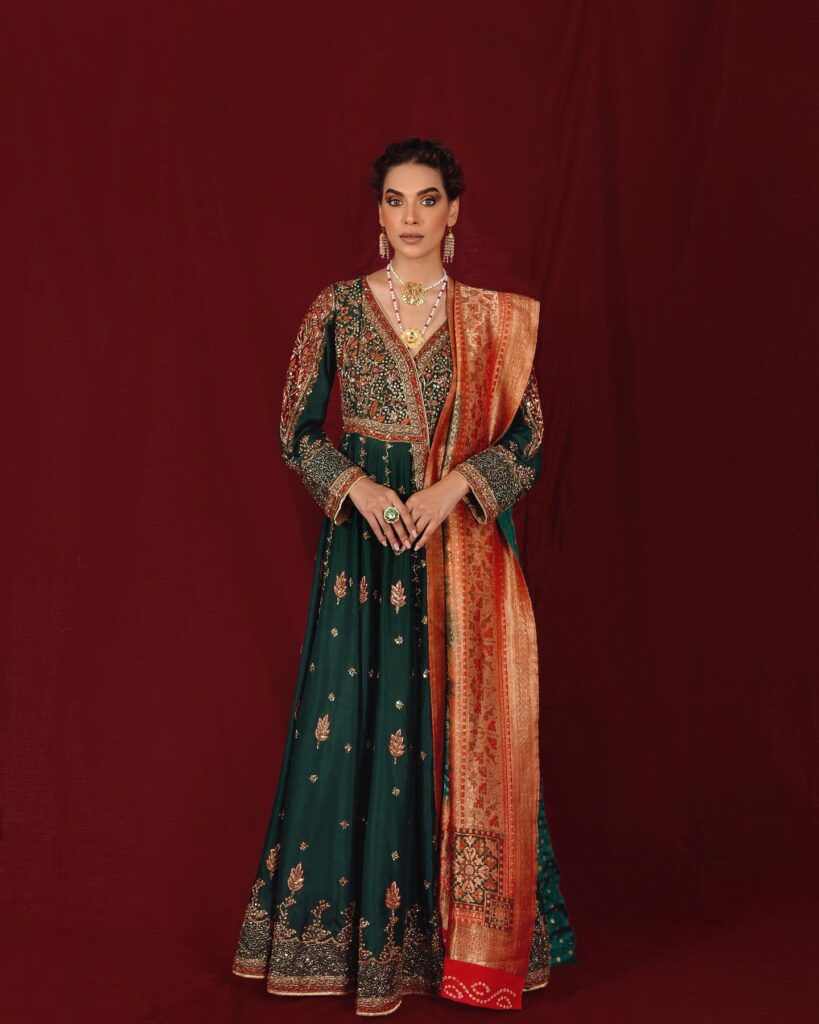 Green Mehndi Dress for Bride in Pishwas Frock Style