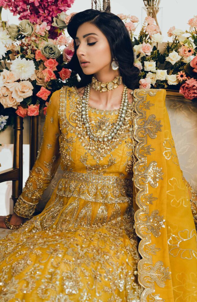 Pakistani Bridal Pishwas Frock and Organza Dupatta Suit