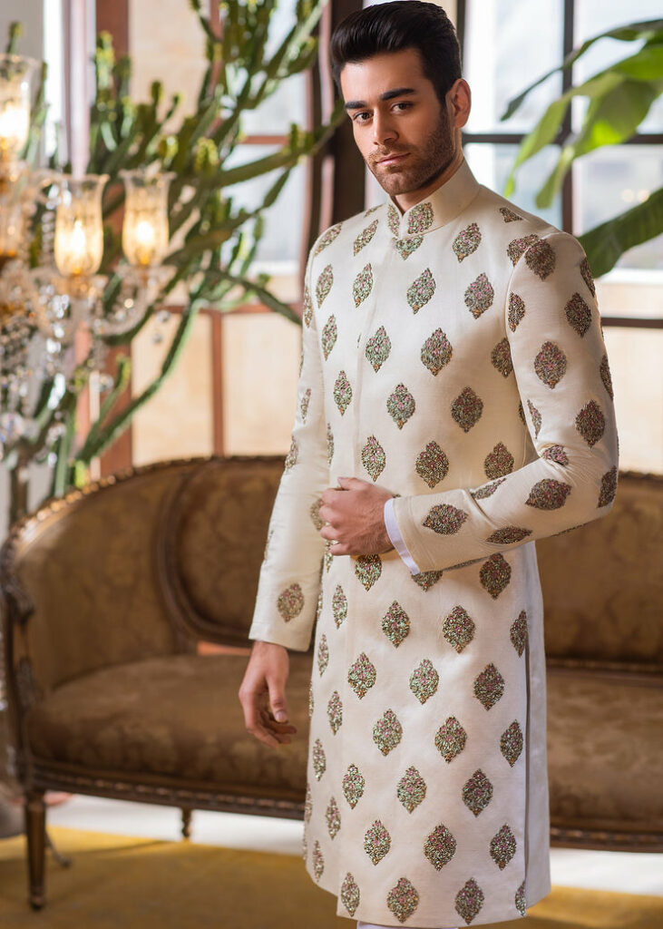 Classic Ivory Embroidered Raw Silk Pakistani Groom Sherwani