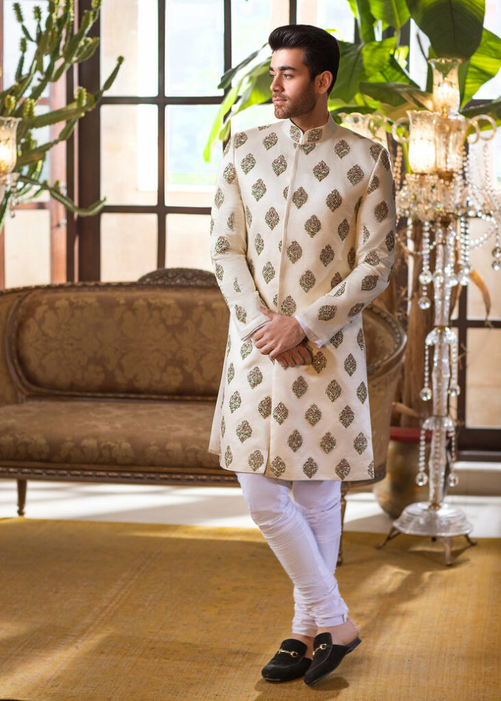 Classic Ivory Embroidered Raw Silk Pakistani Groom Sherwani