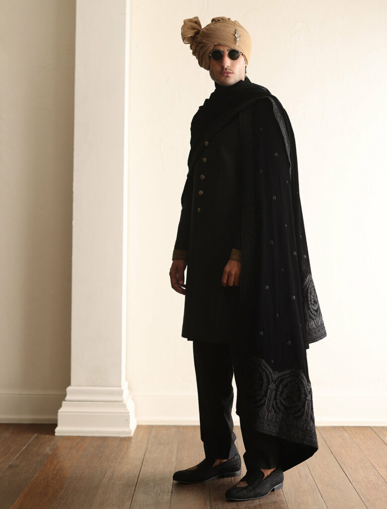 Elegant Black Self Embroidered Pakistani Groom Sherwani
