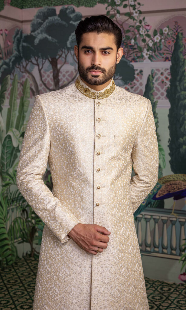 Pakistani Wedding Raw Silk Ivory Sherwani for Groom