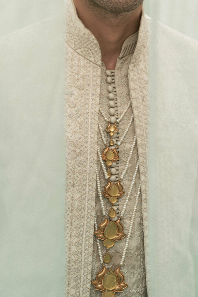 Pakistani Jamawar Gold Sherwani for Groom in Open Style