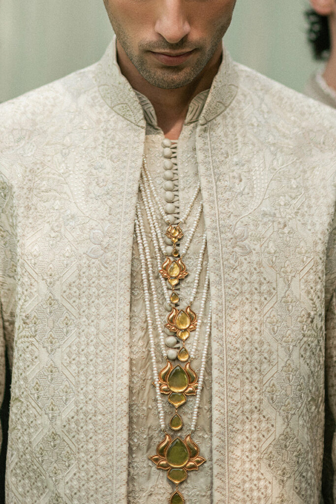 Pakistani Jamawar Gold Sherwani for Groom in Open Style